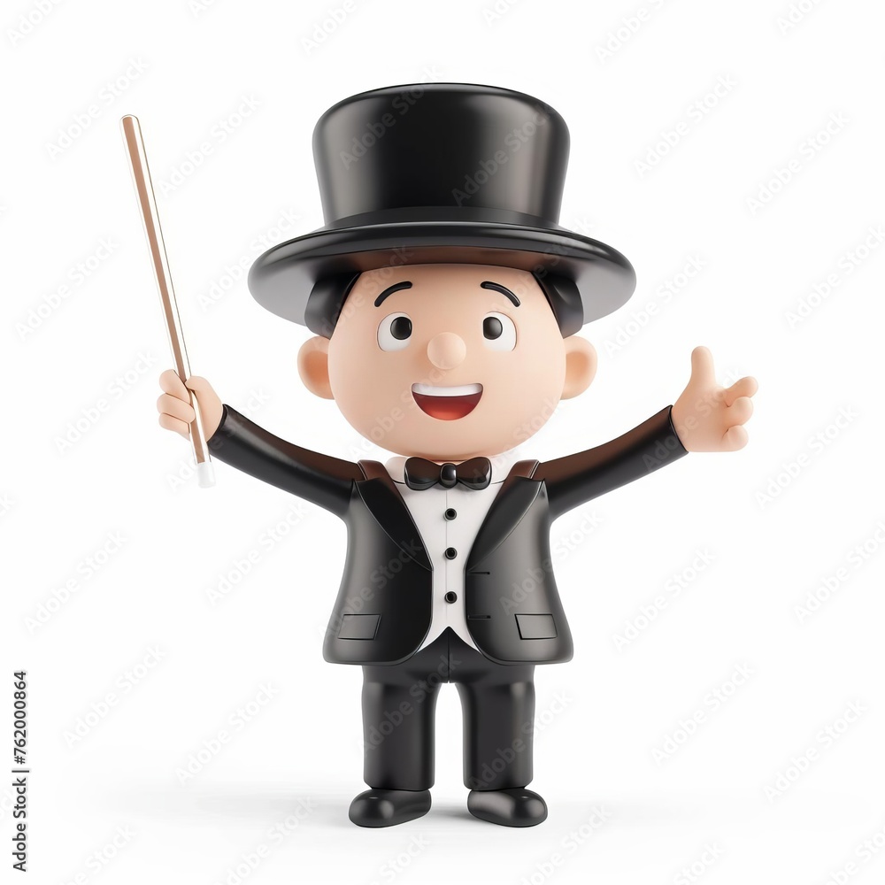 Smiling animated character in a black tailcoat and top hat holding a ...