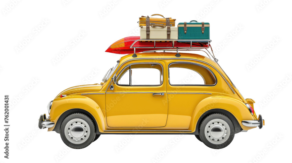 Retro car with luggage and beach equipment on transparent background ...