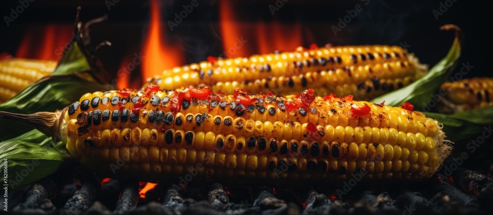 Sizzling BBQ: Grilled Corn on the Cob Over Flaming Grill with Charred ...