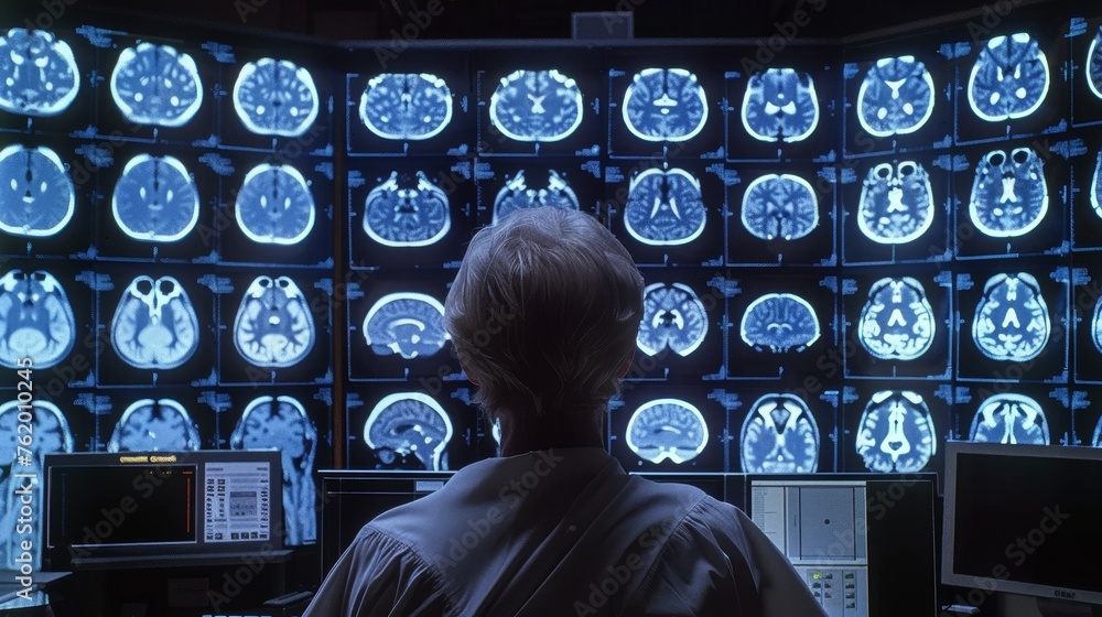 Brain Surgery Concept : Analysis Patient MRI Scan on Computer Screen ...