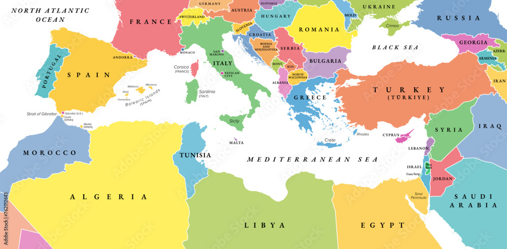 Mediterranean Basin, political map with different colored countries ...