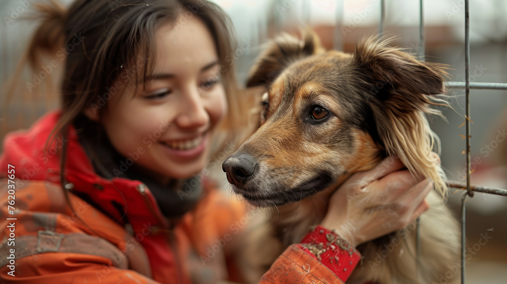 Smiling young woman embracing a loving dog at an animal shelter ...