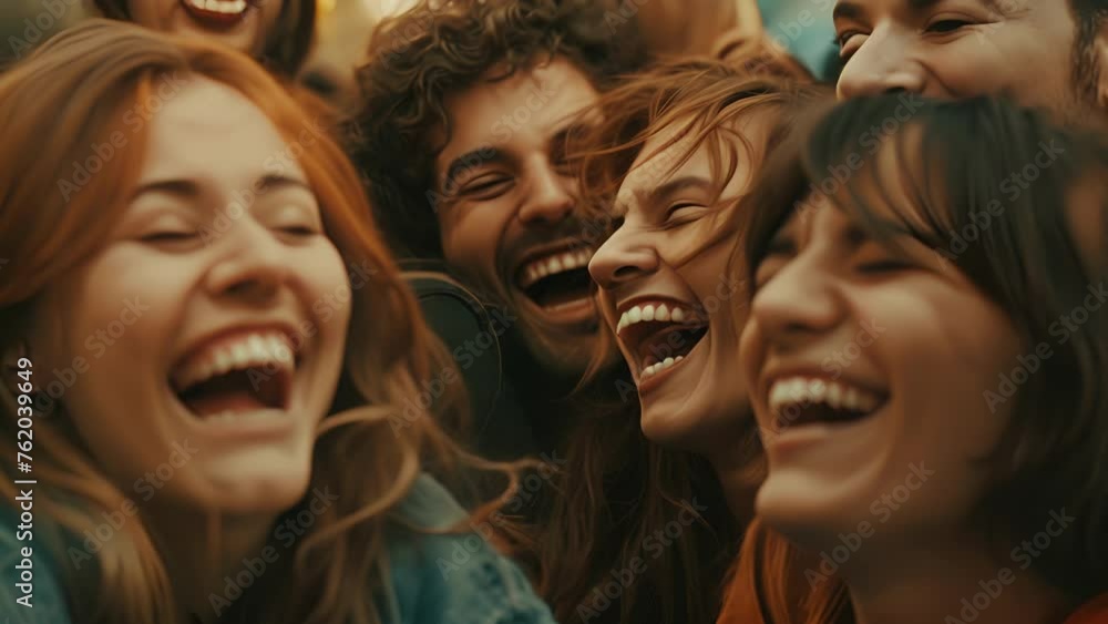 A group of friends laughing and joking together their joyful and ...