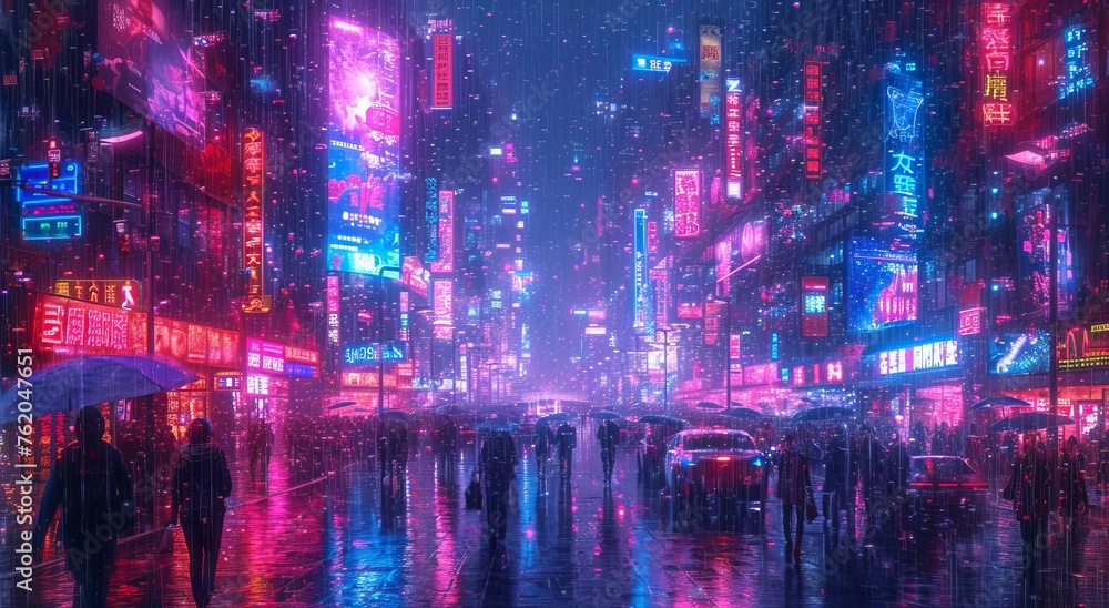 Sad AI robot looks at neon store sign of New Robots on cyberpunk city ...