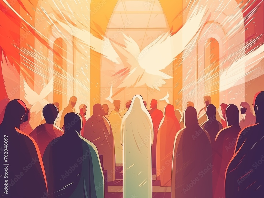 A contemporary graphic illustration depicting the pivotal Pentecost ...