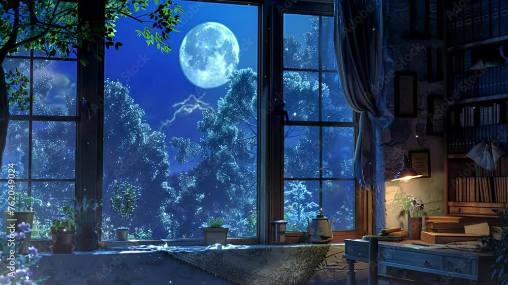 Vidéo Stock study nook with a large window overlooking a moonlit forest ...