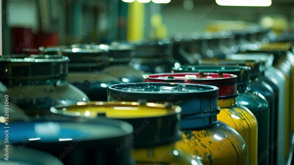 An upclose view of a series of tanks and drums labeled with different ...