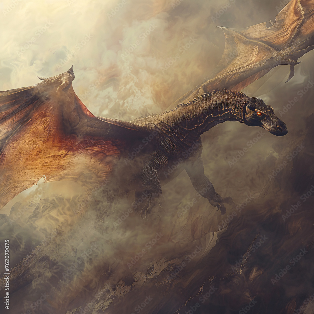 A magical Komodo dragon with fiery wings and the ability to turn ...