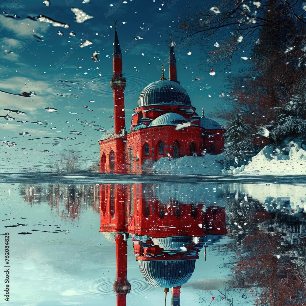 Beautiful Red Mosque in the Snow - A serene and beautiful scene ...