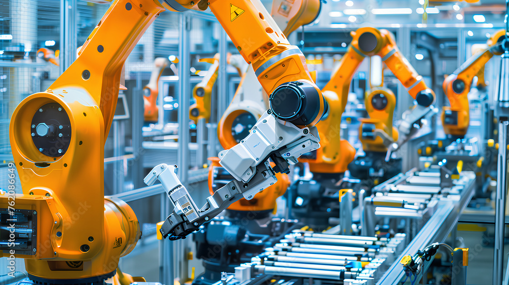 A factory with many robots working on a conveyor belt. The robots are ...