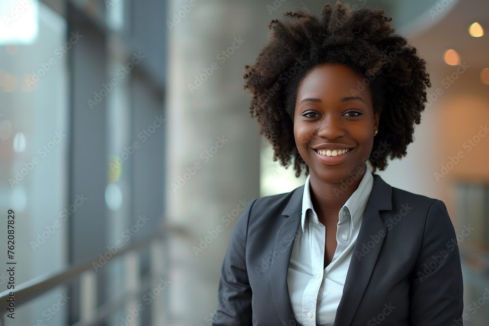 african woman in business suit smiling and ready to promote, modern day ...