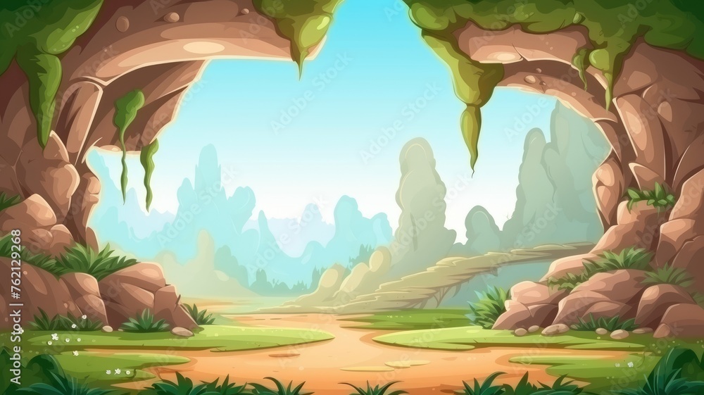 Cartoon vector cave landscape, path through a rocky arch, with lush ...