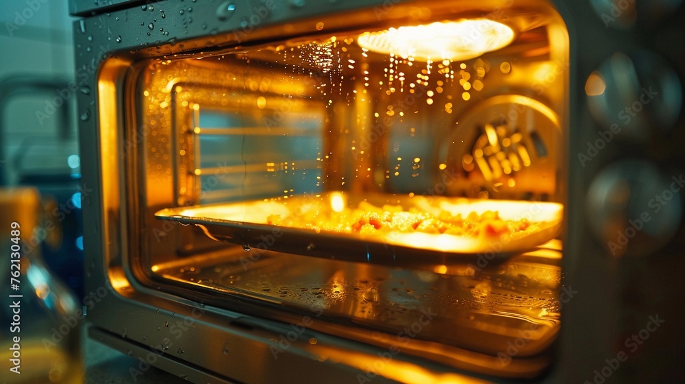 Microwaves, close-up shot of a microwave oven in operation, with ...