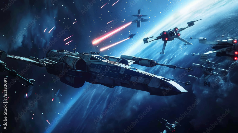 Epic space battle with starfighters and laser beams illustrating a sci ...