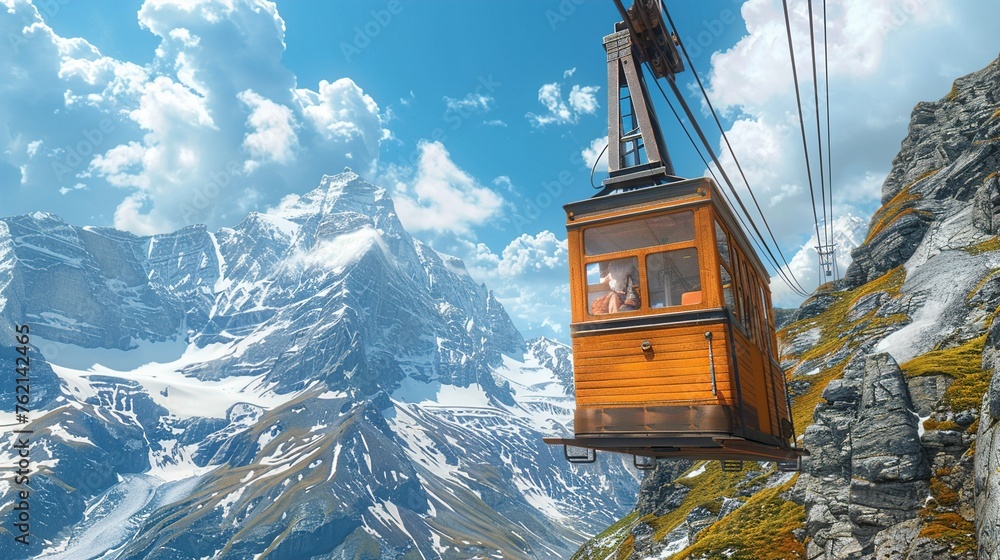 An antique cable car ascending a steep mountain slope, its wooden ...