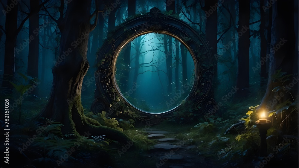 A dark and mysterious forest illuminated by the soft glow of moonlight ...
