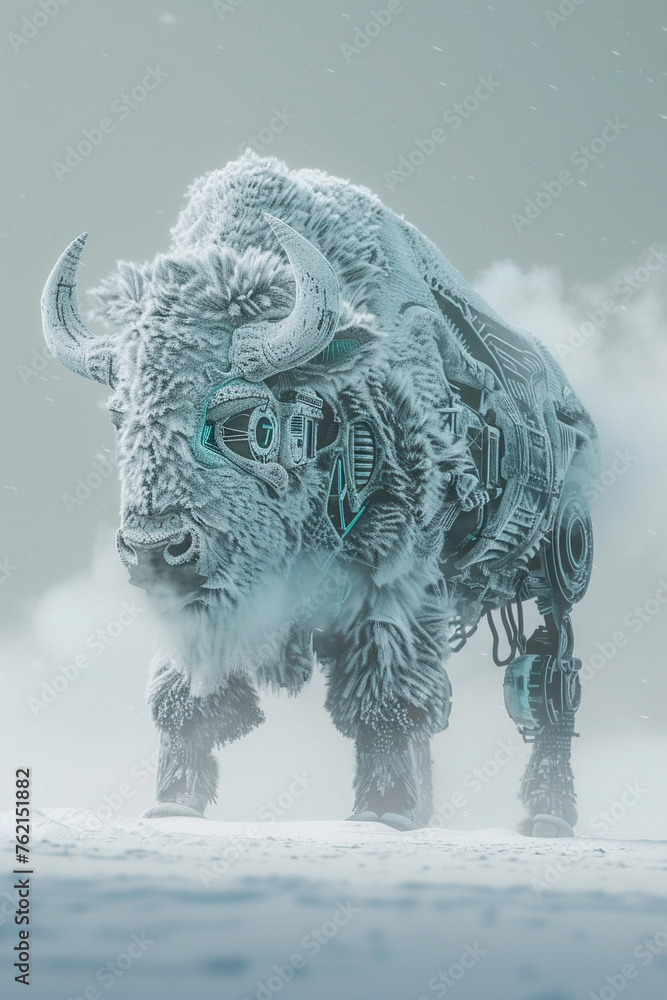 A majestic bison robot standing in a snow-covered field, steam visible ...