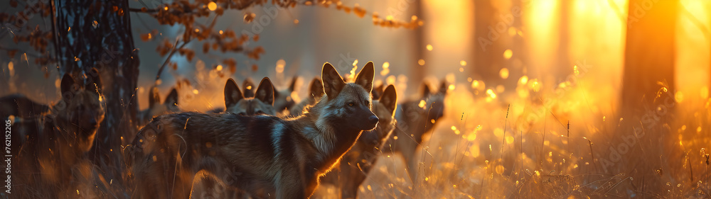 Wild dogs standing in the forest with setting sun shining. Group of ...