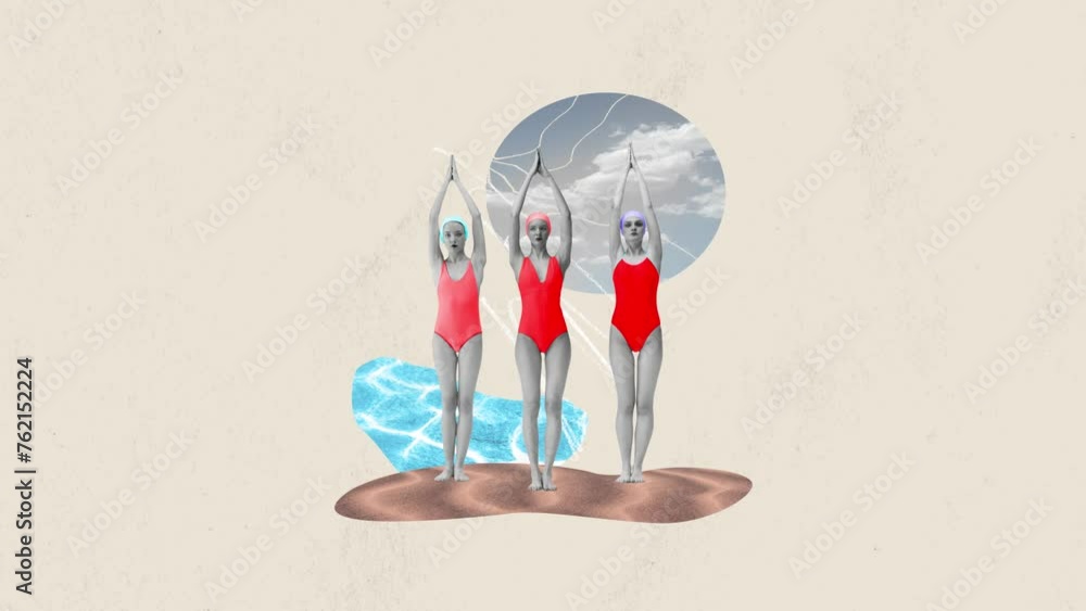 Three young girls in swimsuits standing on warm sand, beach, preparing ...