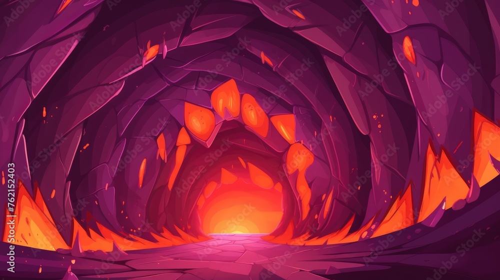 cartoon Mystical cave with glowing cracks leading to a bright ...