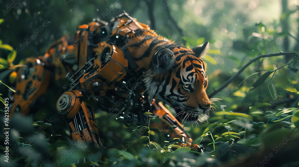 A powerful tiger robot stealthily moving through the jungle underbrush ...