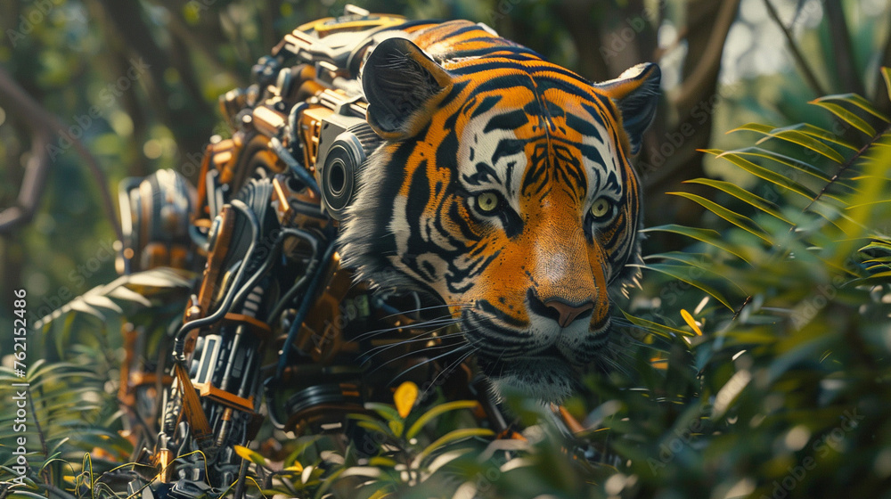 A powerful tiger robot stealthily moving through the jungle underbrush ...