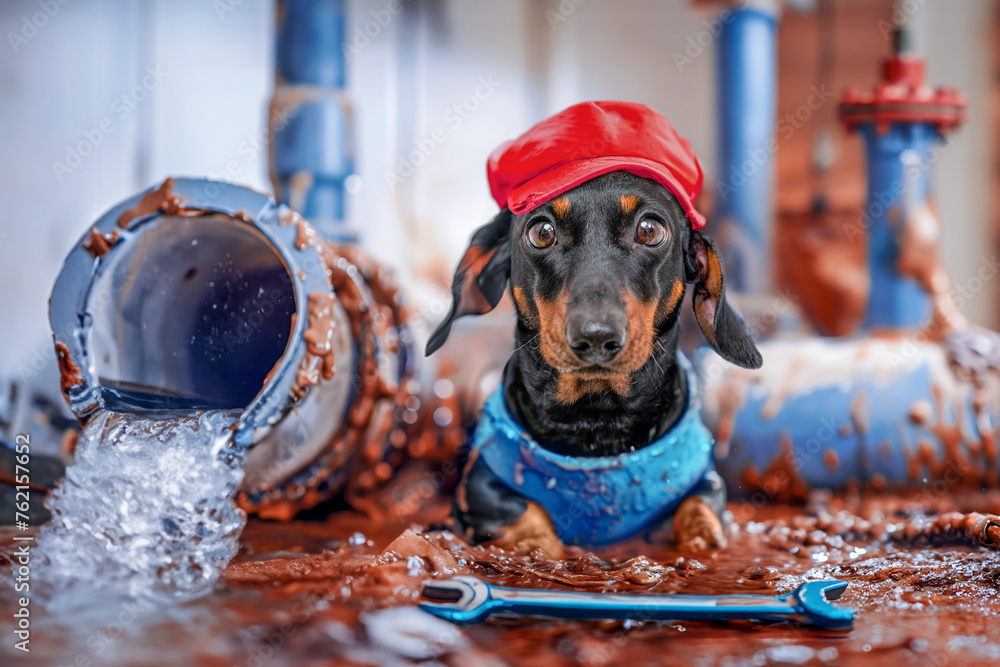 Dachshund dog in plumber uniform, red cap next to broken sewer pipe, in ...
