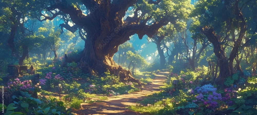 A fantasy forest with giant trees, lush greenery and colorful flowers ...