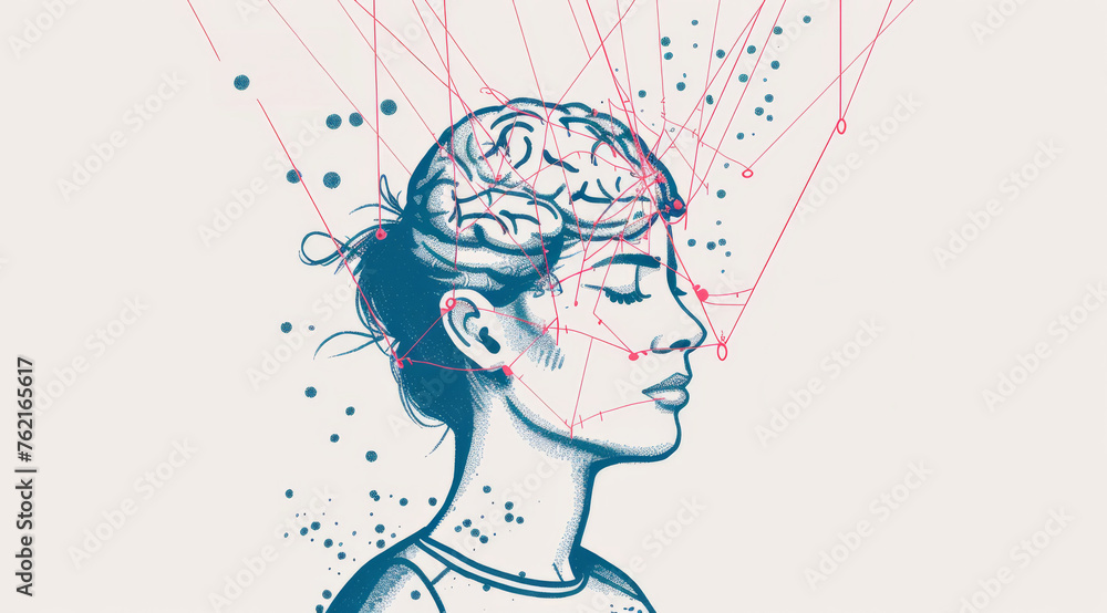 Intricate psychology illustration of a human head with brain an exposed ...