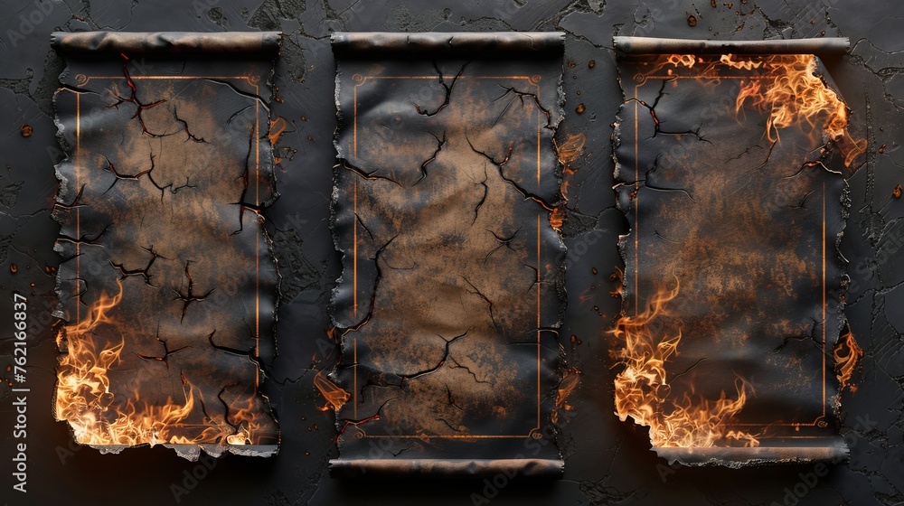 There are burnt corners, holes, and borders on charred uneven edges ...