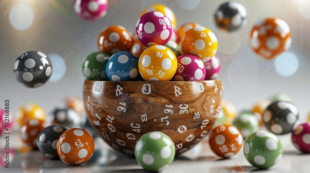 Raffle drums, balls, and a lucky wheel with raffle papers separate from ...