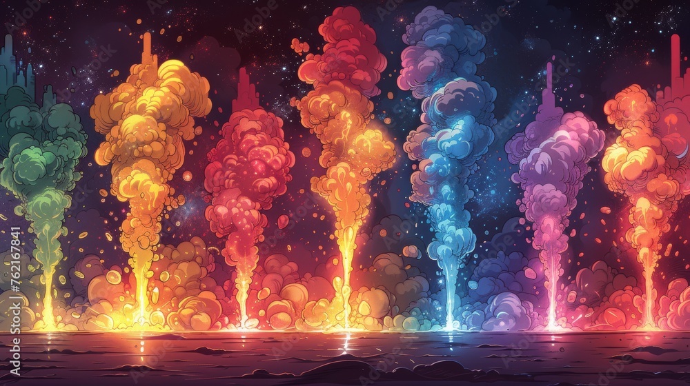 Cartoon modern of magical explosions, colored clouds, smoke, and fumes ...