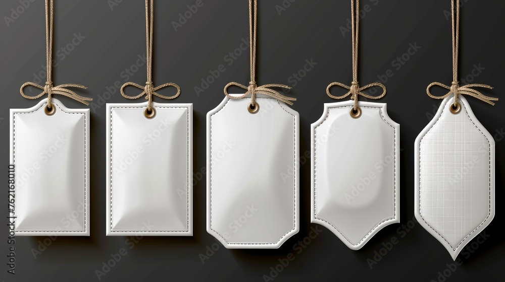 Isolated white fabric tags of different shapes on transparent ...