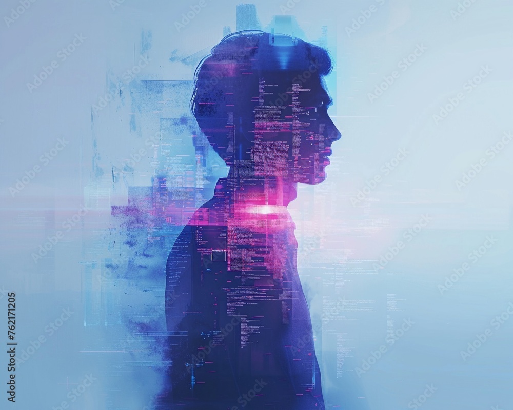 A Profile Of A Human Head Silhouette Integrated With Digital Code Streams Representing The