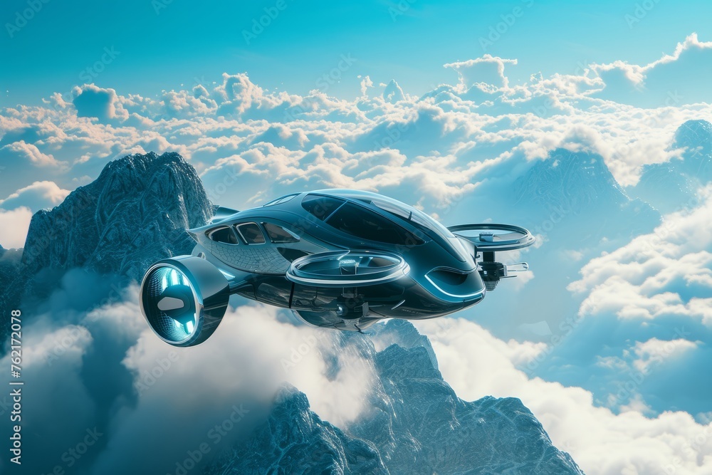Atmospheric scene featuring a futuristic flying car soaring through the ...