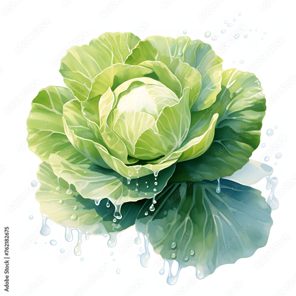 Cabbage cut, floating in wavy water, Top view, vegetable, watercolor ...
