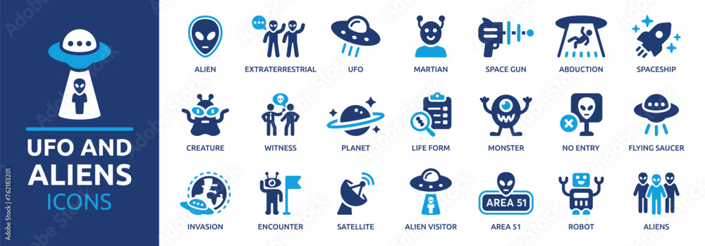 UFO and aliens icon set. Containing alien, spaceship, encounter ...
