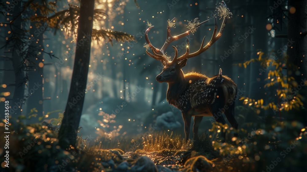 Deep within the enchanted woods, a mystical stag stands regally, its ...