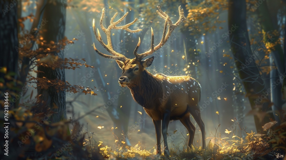 Deep within the enchanted woods, a mystical stag stands regally, its ...