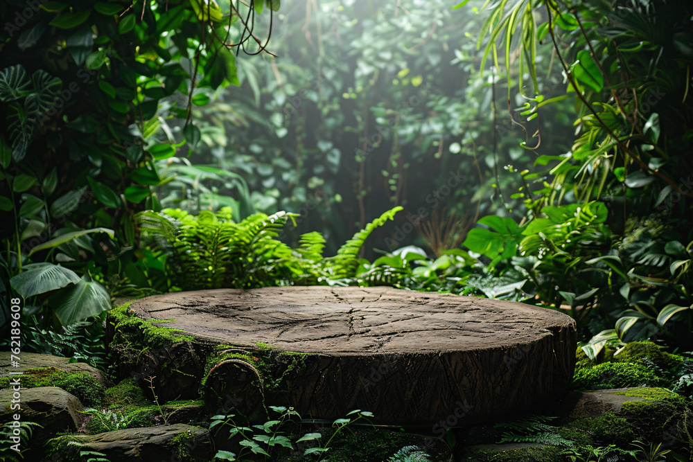 Eco-Friendly Product Showcase on a Rustic Wood Stump in Lush Jungle ...