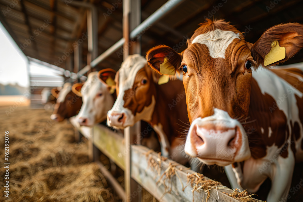 Three cows are standing in a pen with hay. One cow has a white face and ...
