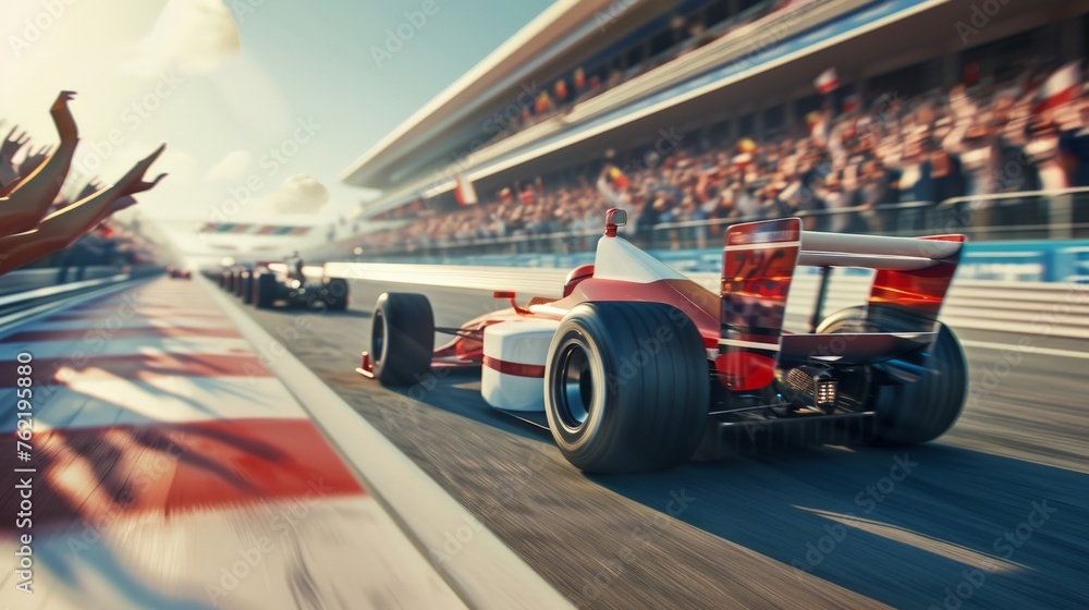 Motor sports competitive team racing.Crowd cheering with fast moving ...