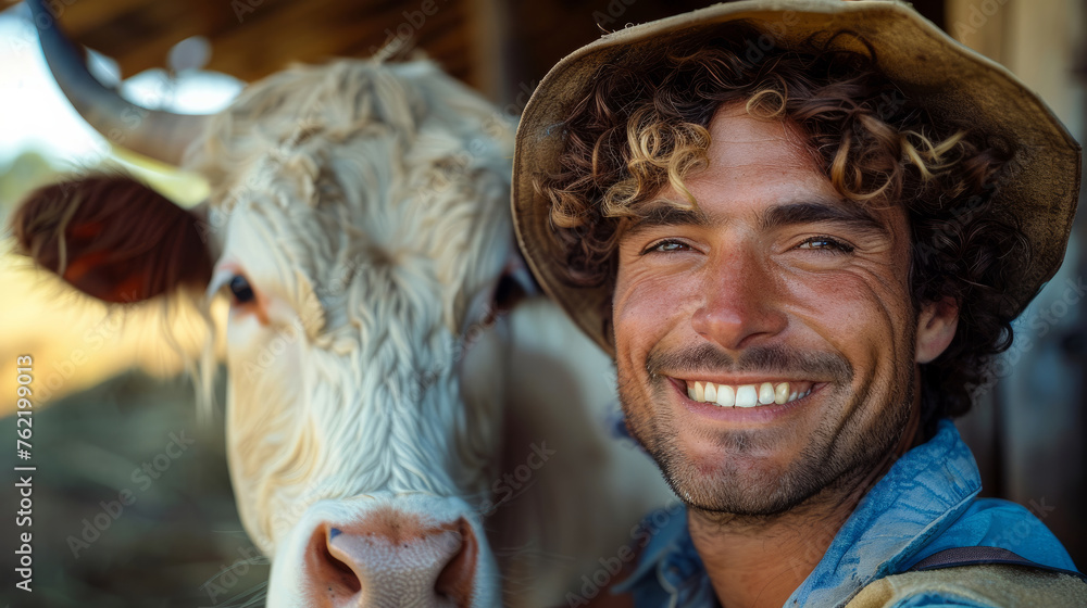 A man wearing a cowboy hat and smiling in front of a cow. The cow is ...