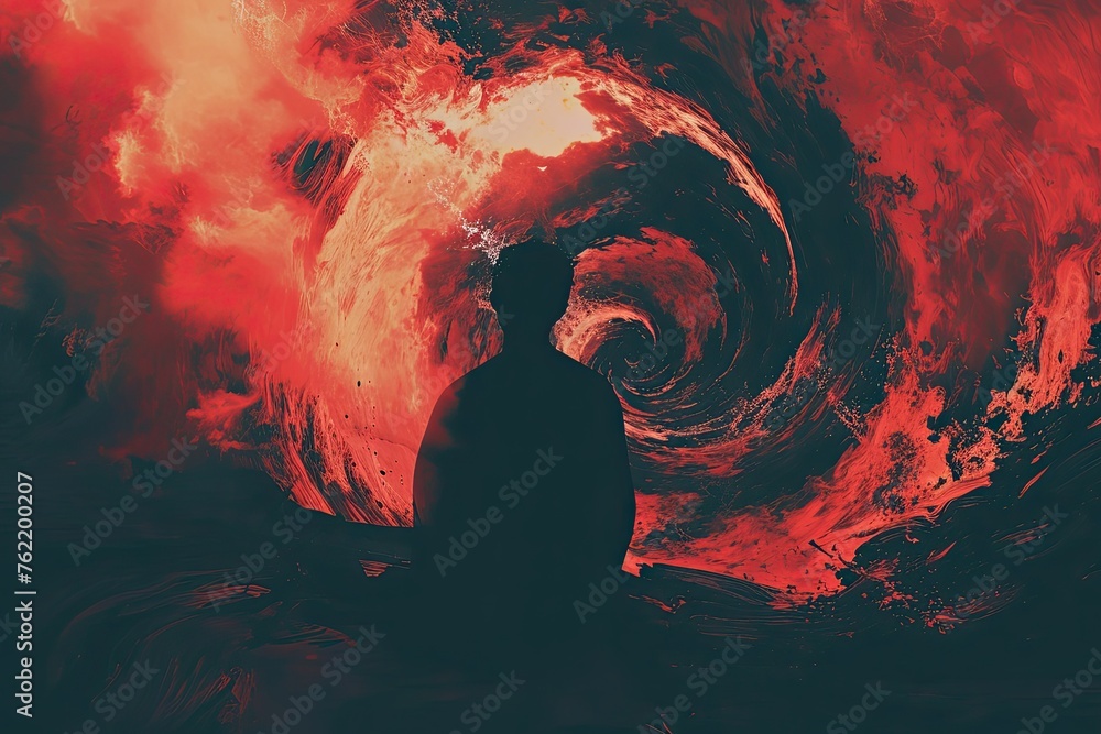 Silhouette engulfed in swirling, endless flames, conveying the eternal ...