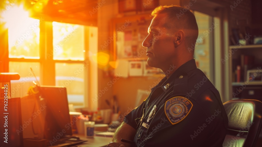 A police officer is seated at a desk, focused on a computer screen in ...