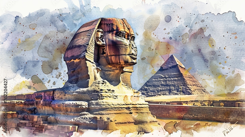 A detailed watercolor painting depicting the Great Sphinx of Giza with ...