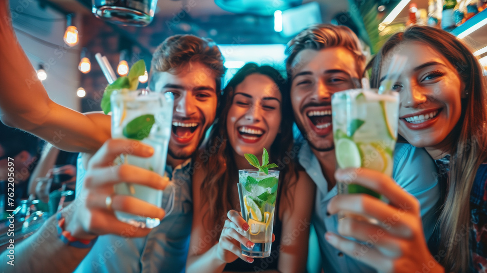 Happy friends group cheering mojito drinks at cocktail bar restaurant ...