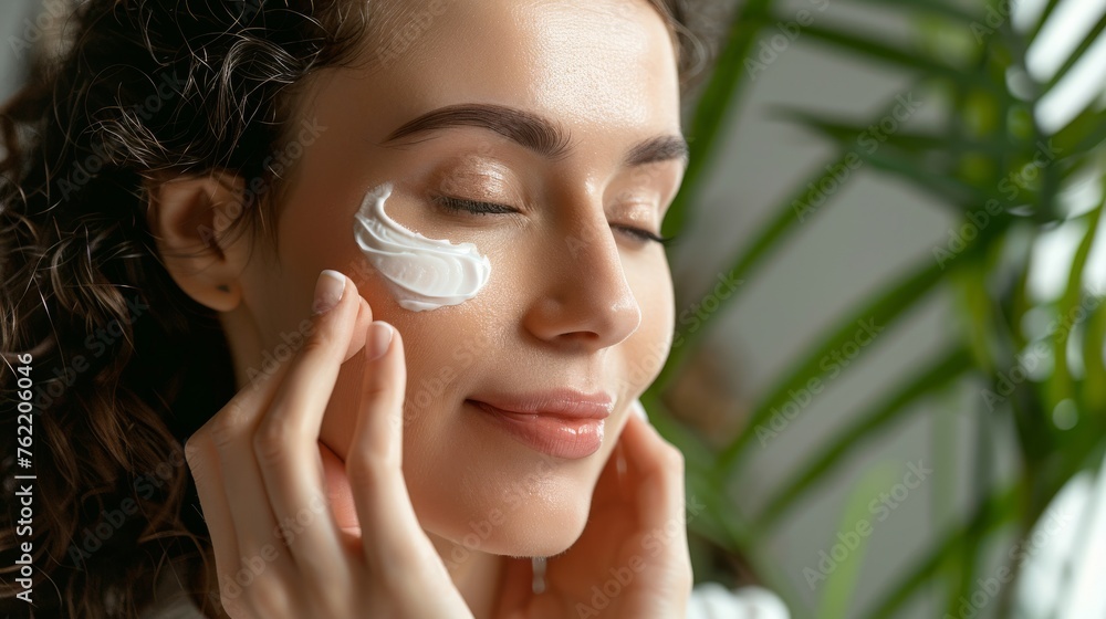 A woman is gently applying a soothing cream on her face, focusing on ...