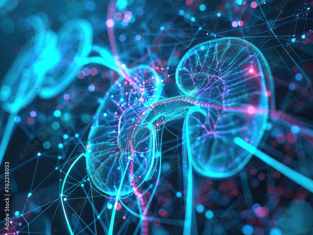 Kidney hologram. Anatomical structure of kidney organs in the form of ...