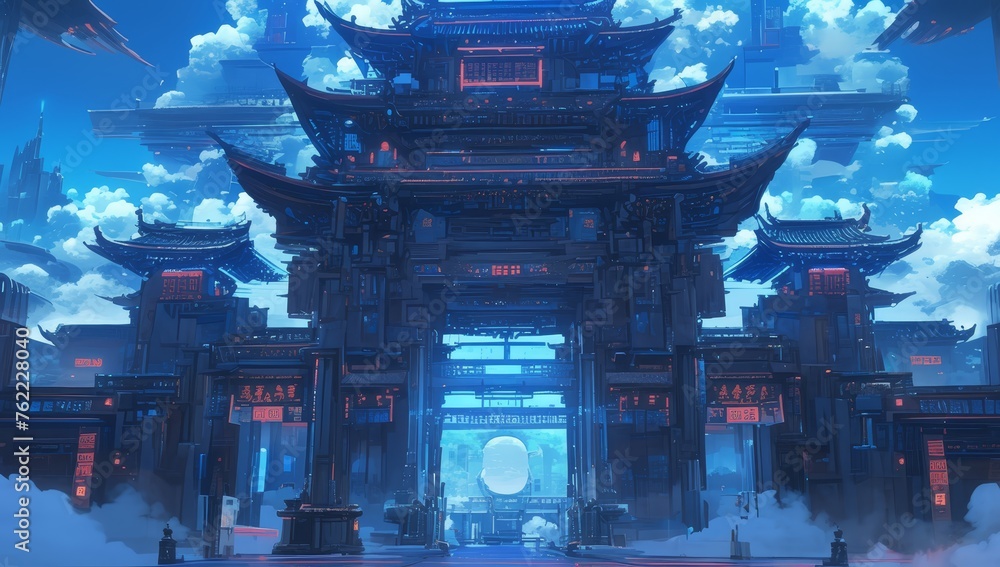 A minimalist Chinese style architecture with two large ancient temples ...